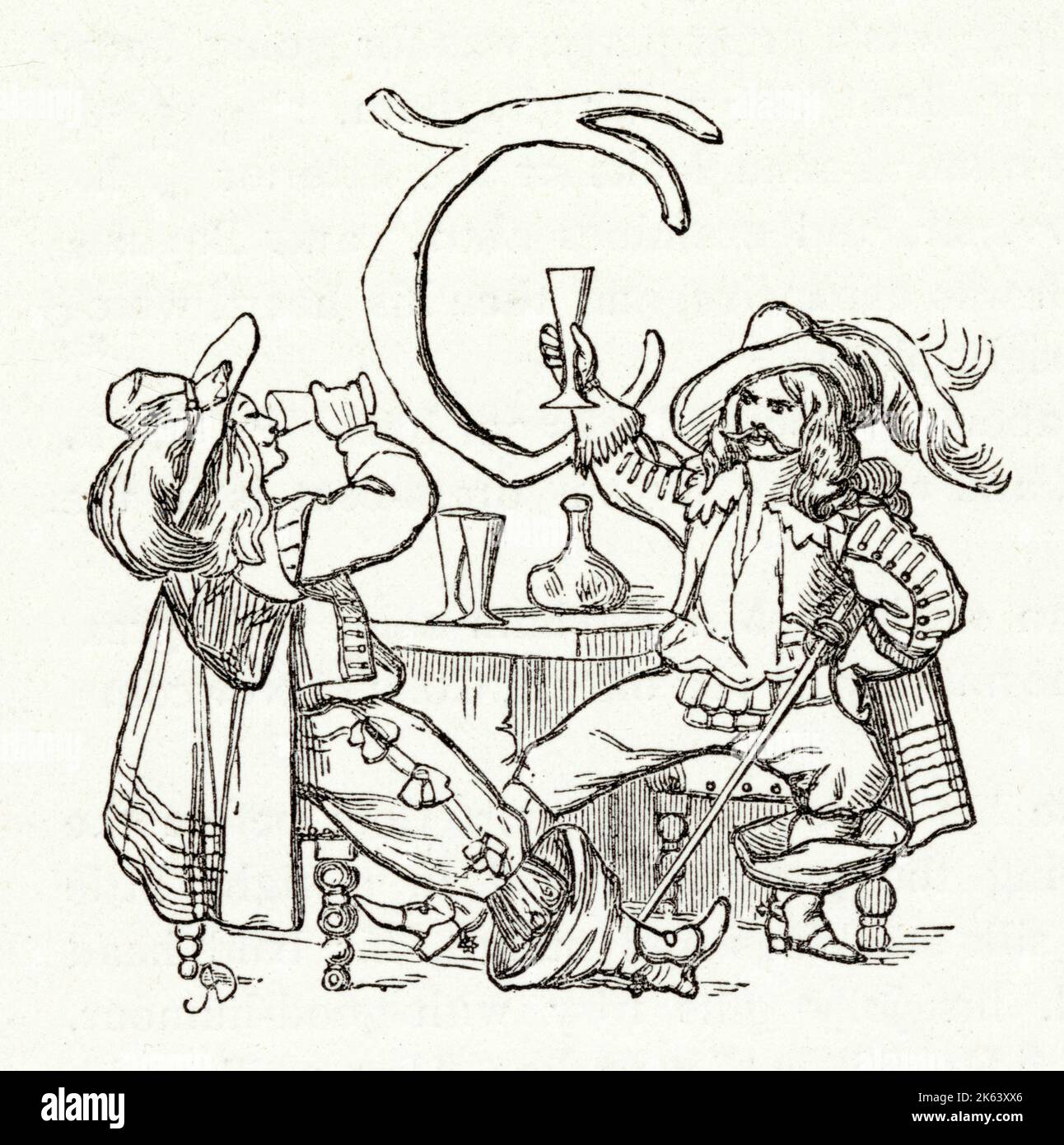 Illustration, The Newcomes, by Thackeray, showing an ornate initial T ...