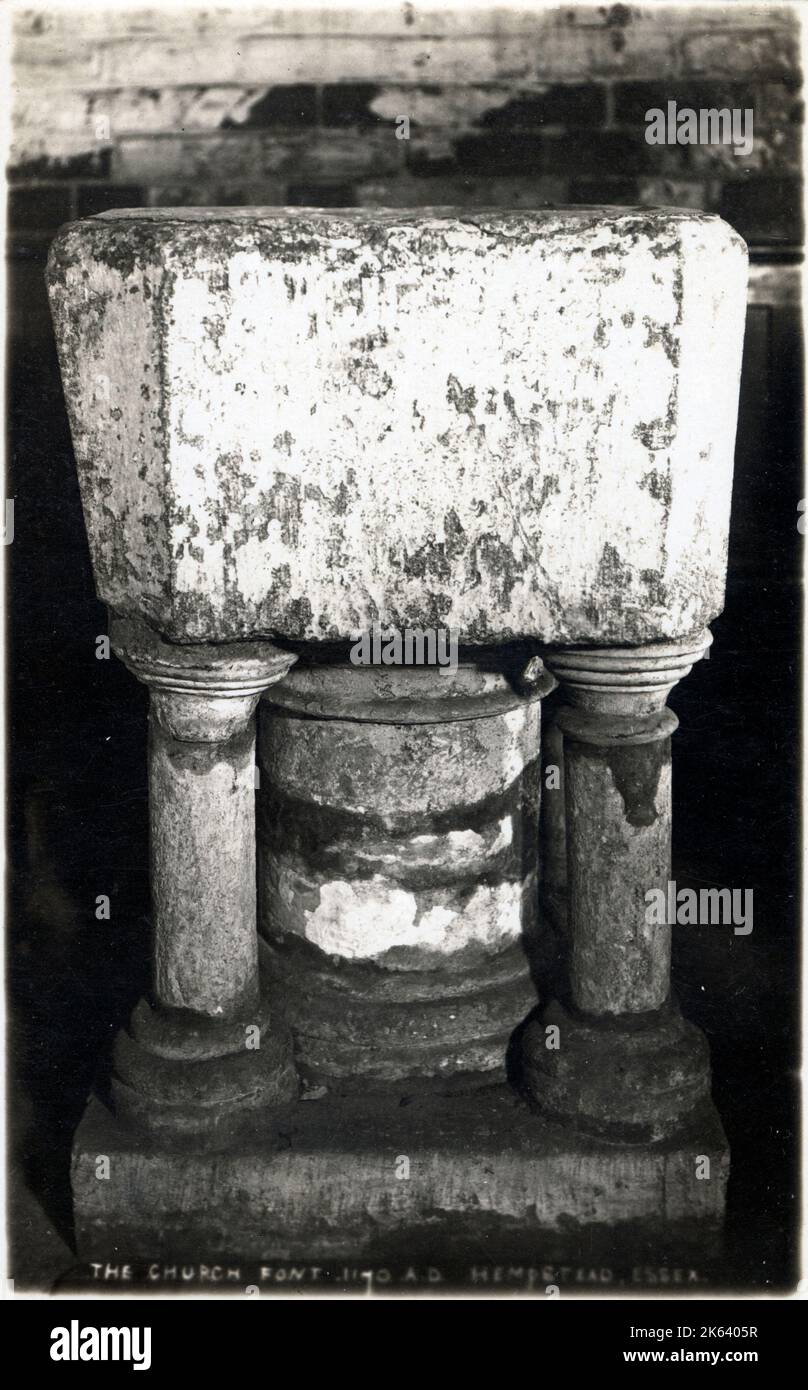 The Norman period font at St. Andrew's Church, Hempstead, Essex Stock ...