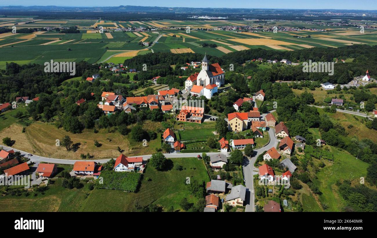 An aerial of Ptujska Gora and the basilica of the Virgin Mary ...