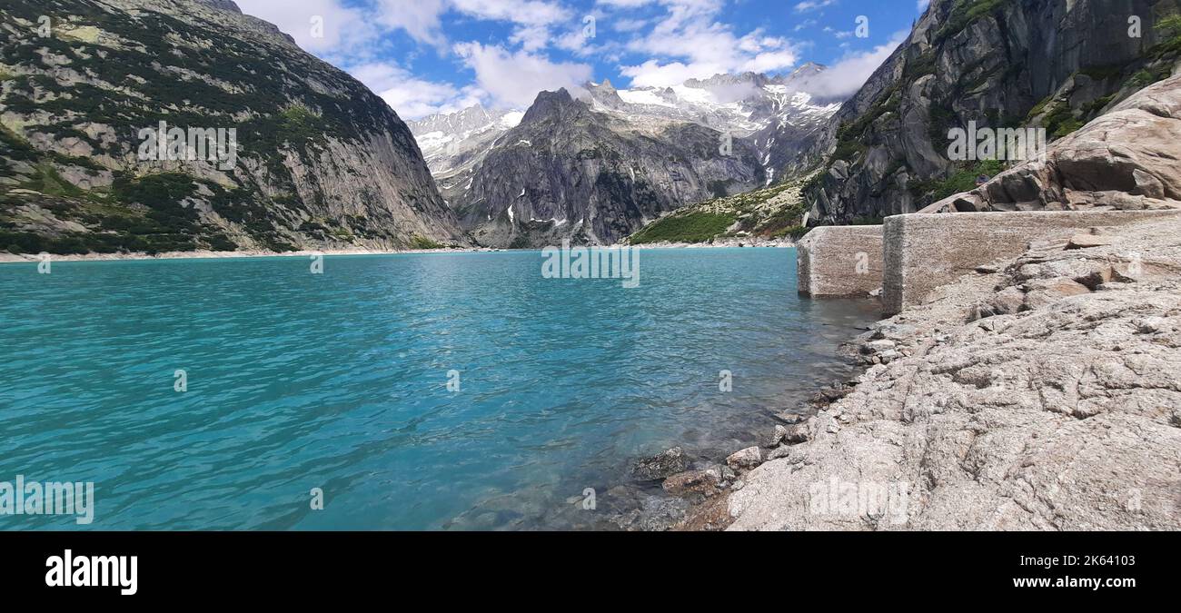 A scenic vie of Gelmer Lake near by the Grimselpass in Swiss Alps ...