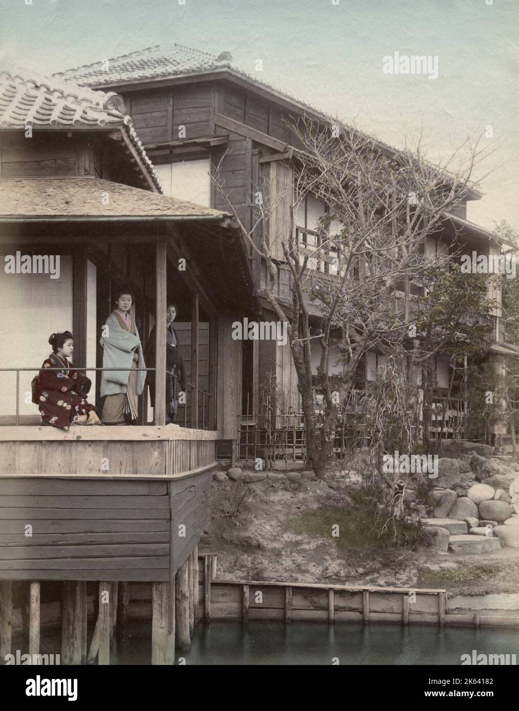 Tea house Mukojima, Tokyo, with geishas on the balcony. Vintage 19th ...