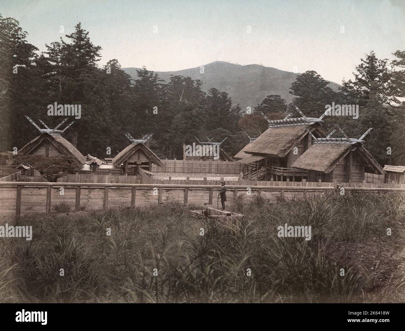 Shinto religious shrines at Ise, Mie province, Japan. Vintage 19th ...