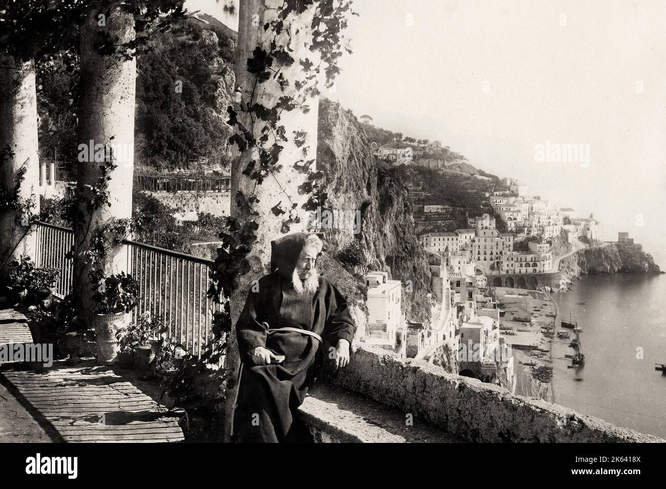Vintage 19th century photograph: Seated monk, Capuchin Convent, Amalfi ...