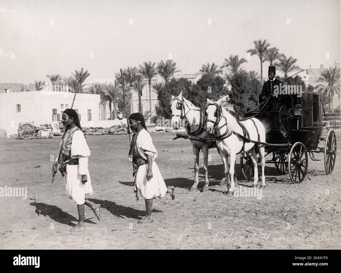 Vintage 19th century photograph: Horse drawn carriage with sais courant ...