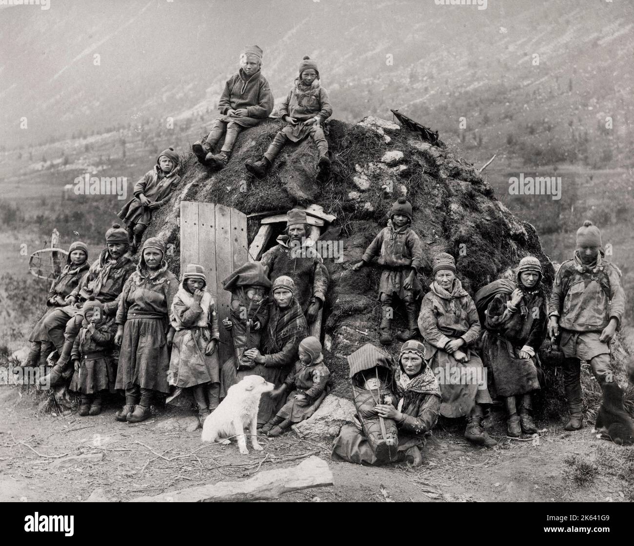 Vintage 19th century photograph: Saami indigenous family with their dog ...