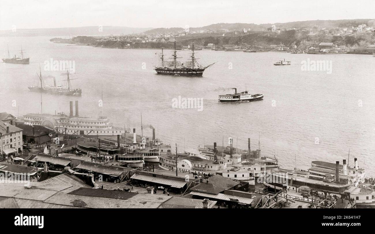 View across the harbour, Quebec, Canada. Vintage 19th century ...