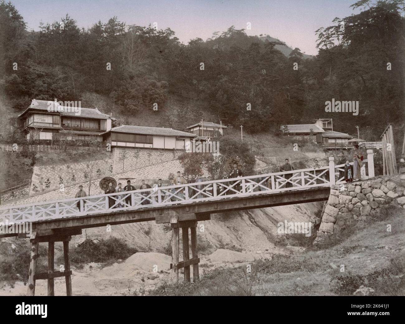 Bridge on the road to the Nunobiki Waterfall, Kobe, Japan. Vintage 19th ...