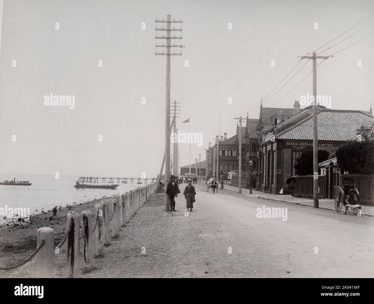 Pedestrians along the bund, Yokohama, Japan. Vintage 19th century ...