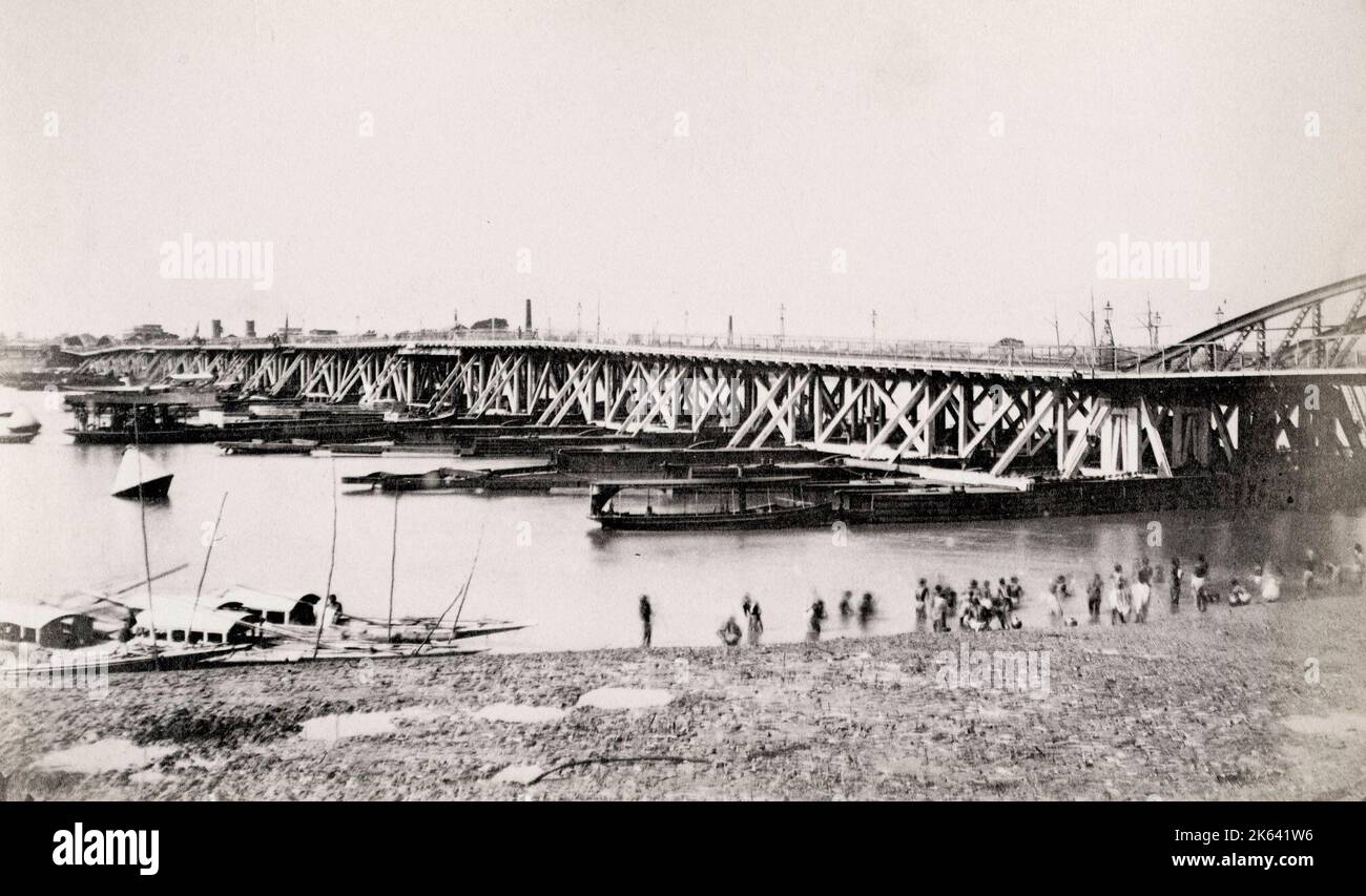 India Calcutta, Howrah pontoon bridge over the Hooghly River. Vintage ...