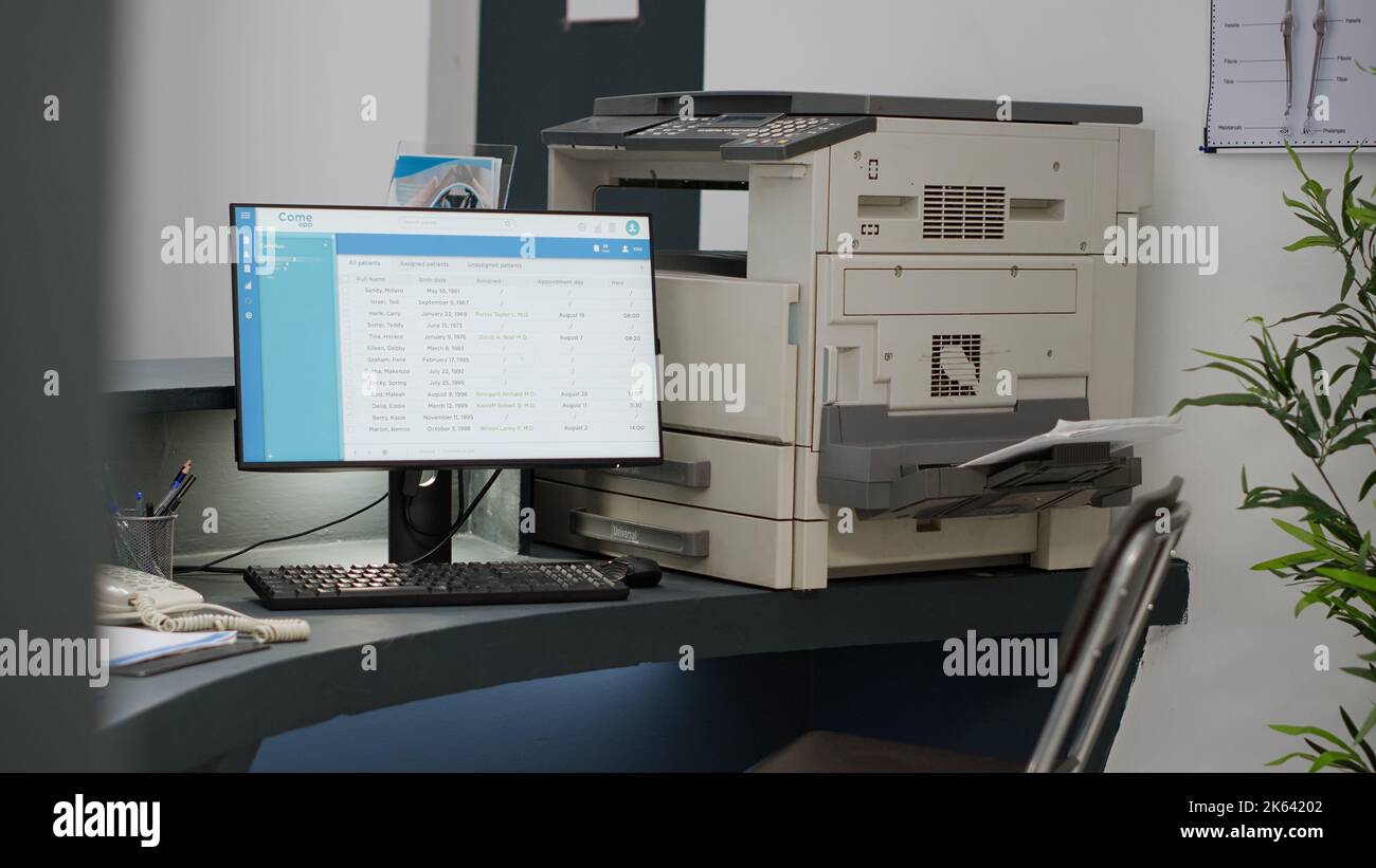 Empty hospital reception counter to fill in medical reports and ...