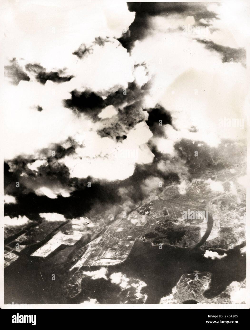 Aerial view of the city of Hiroshima, Japan, with the point of ...