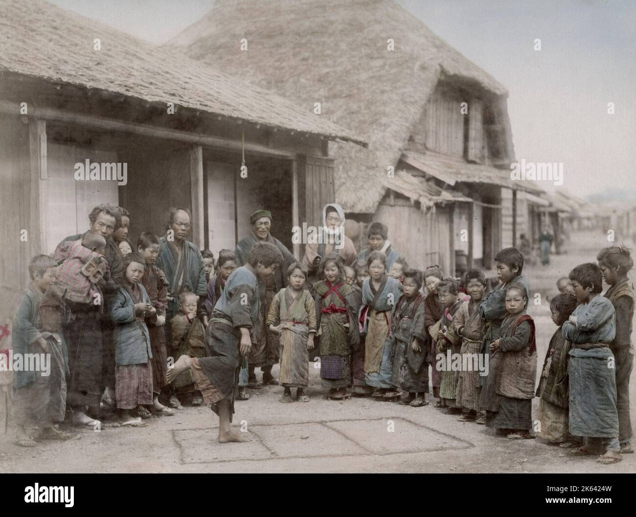 Children playing hopscotch street game, Japan. Vintage 19th century ...