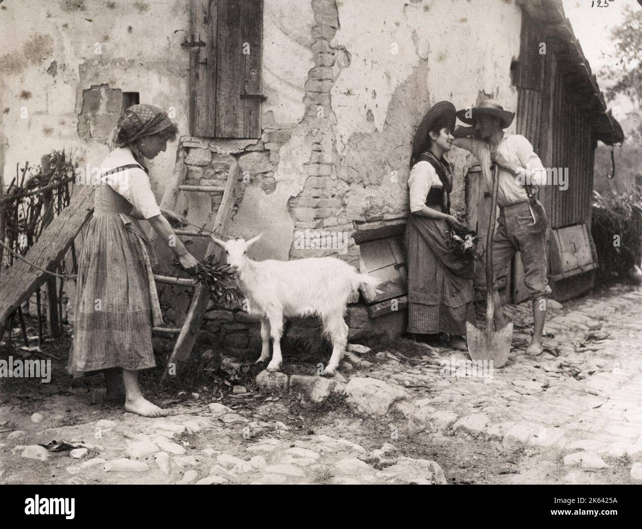 Genre rural scene tableau, Italy - young amorous couple and girl ...