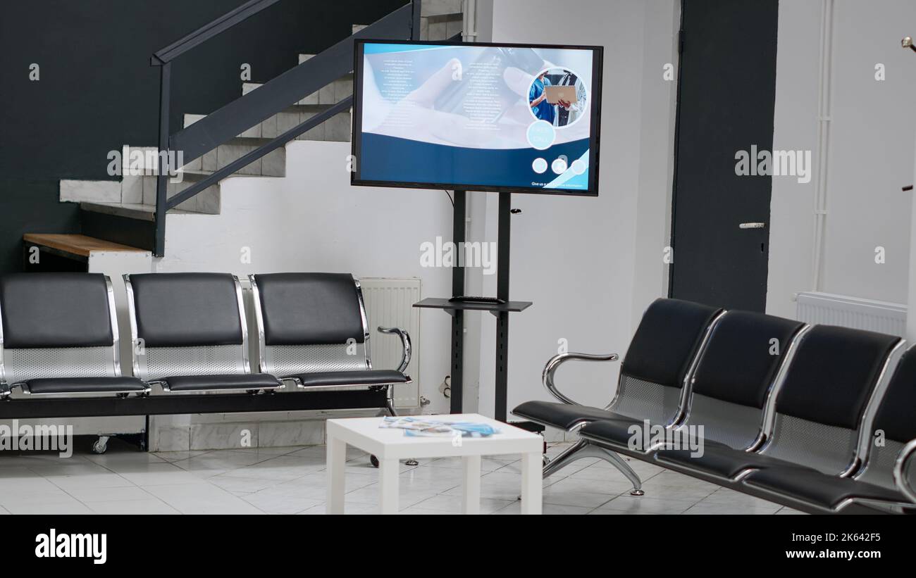 Hospital waiting room in facility lobby with empty chairs, healthcare ...