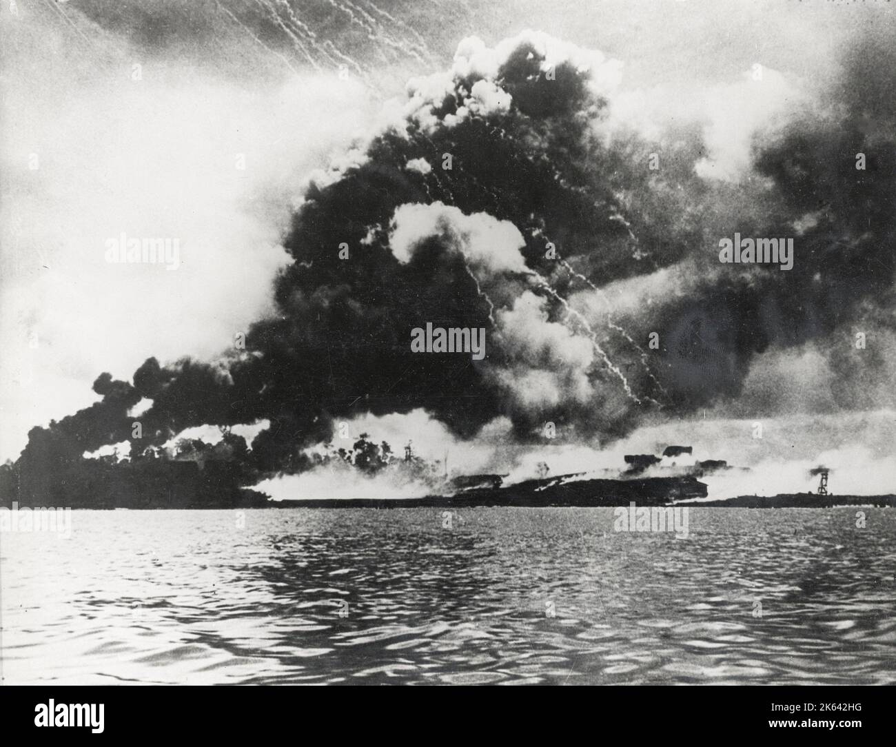 World War II vintage photograph - fires burning on Tarakan Island ...