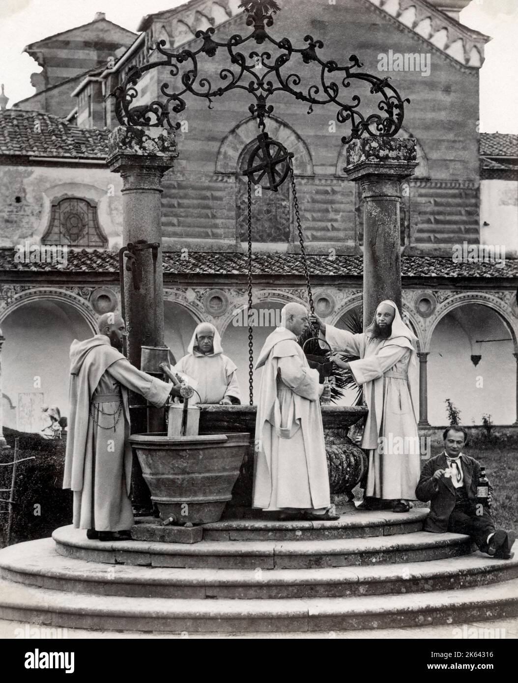 19th century vintage photograph: Monks at monastery well, Florence ...