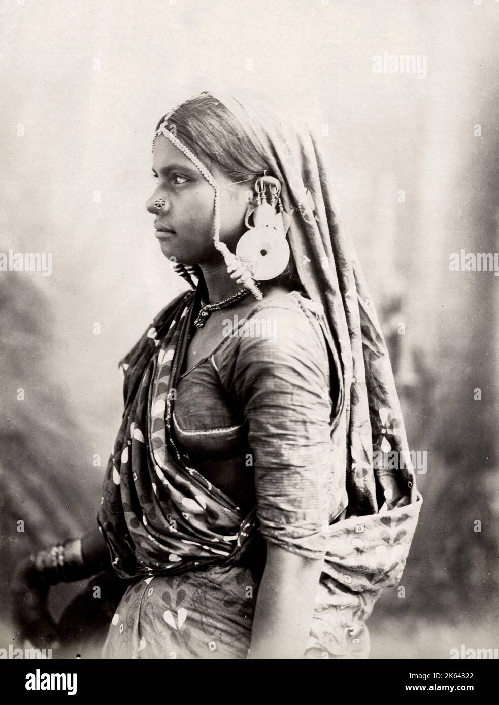 19th century vintage photograph: A Bheel woman in gala costume, India ...