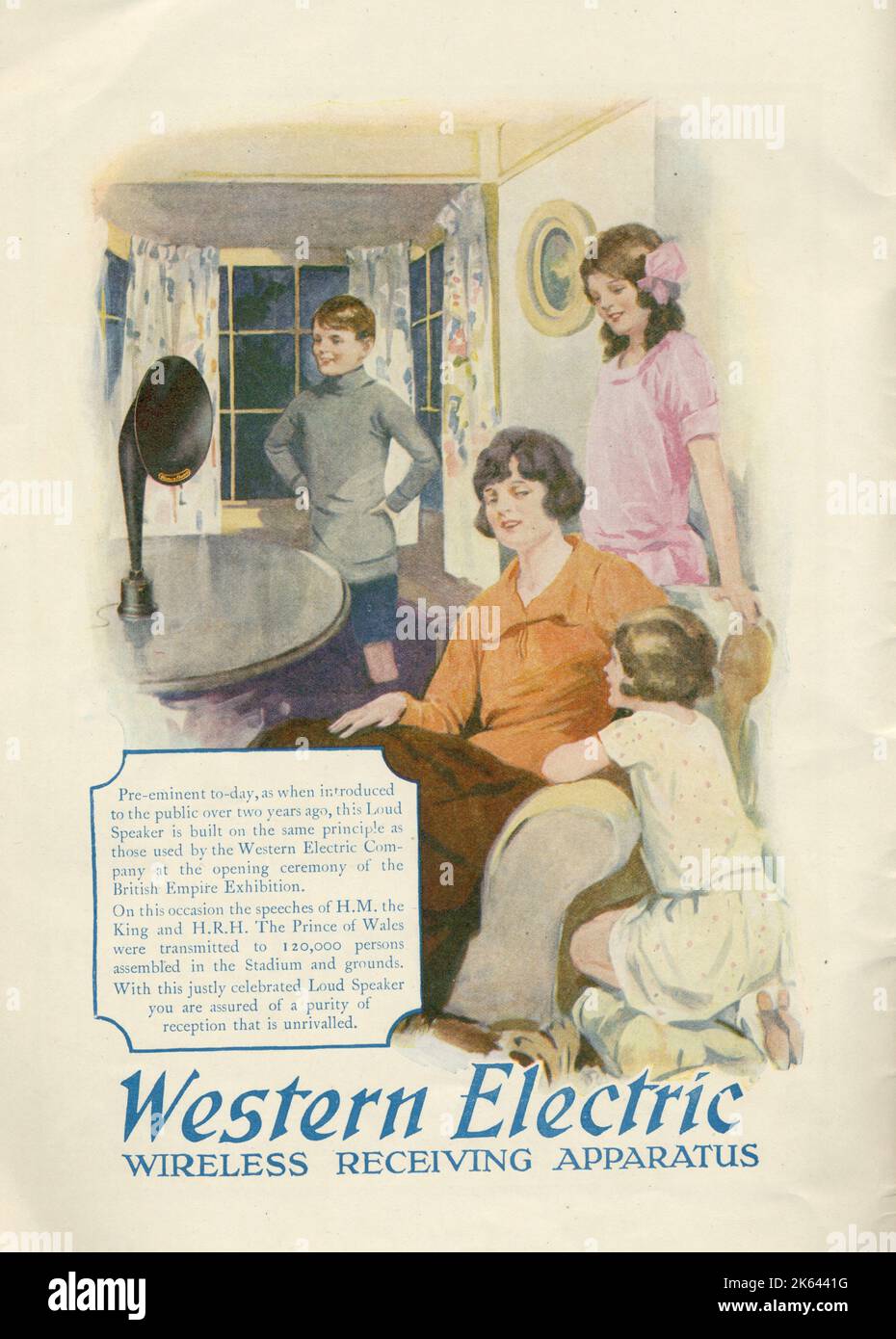 Advertisement for Western Electric wireless receiving apparatus showing a family listening to a ...