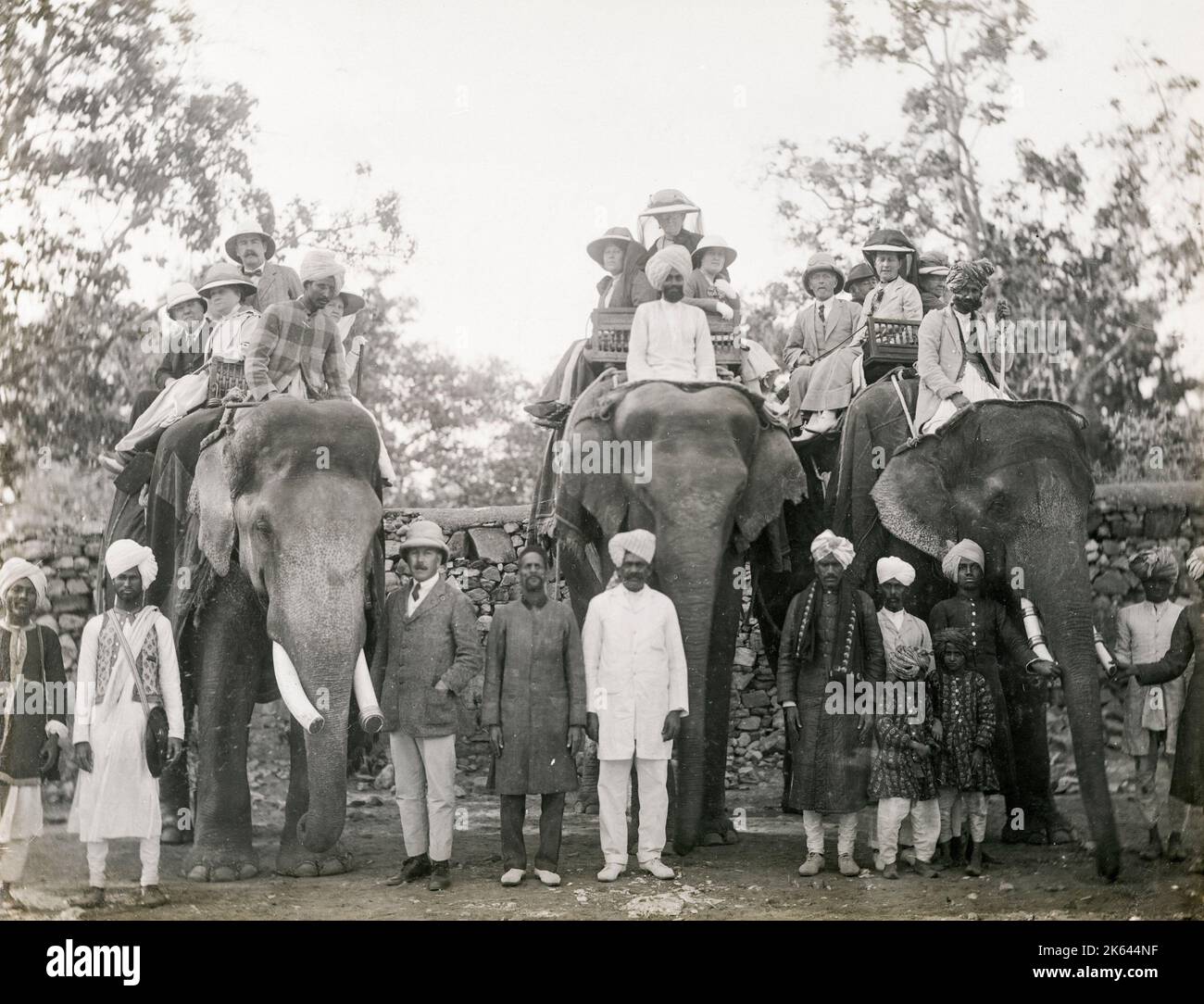 Vintage 19th century photograph - tourists, travellers riding elephants ...