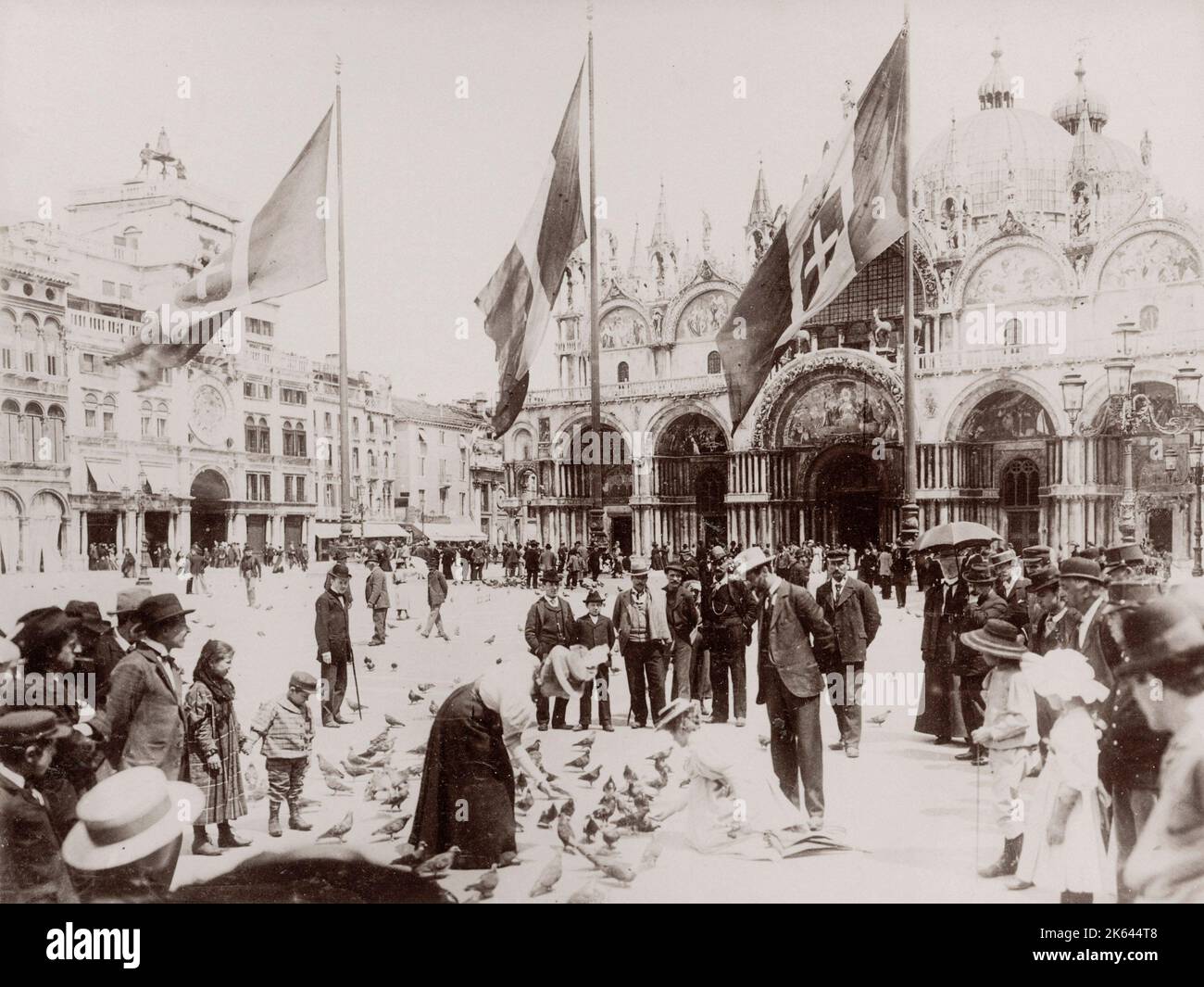 Vintage 19th century/1900 photograph:tourists feeding pigeons in St ...