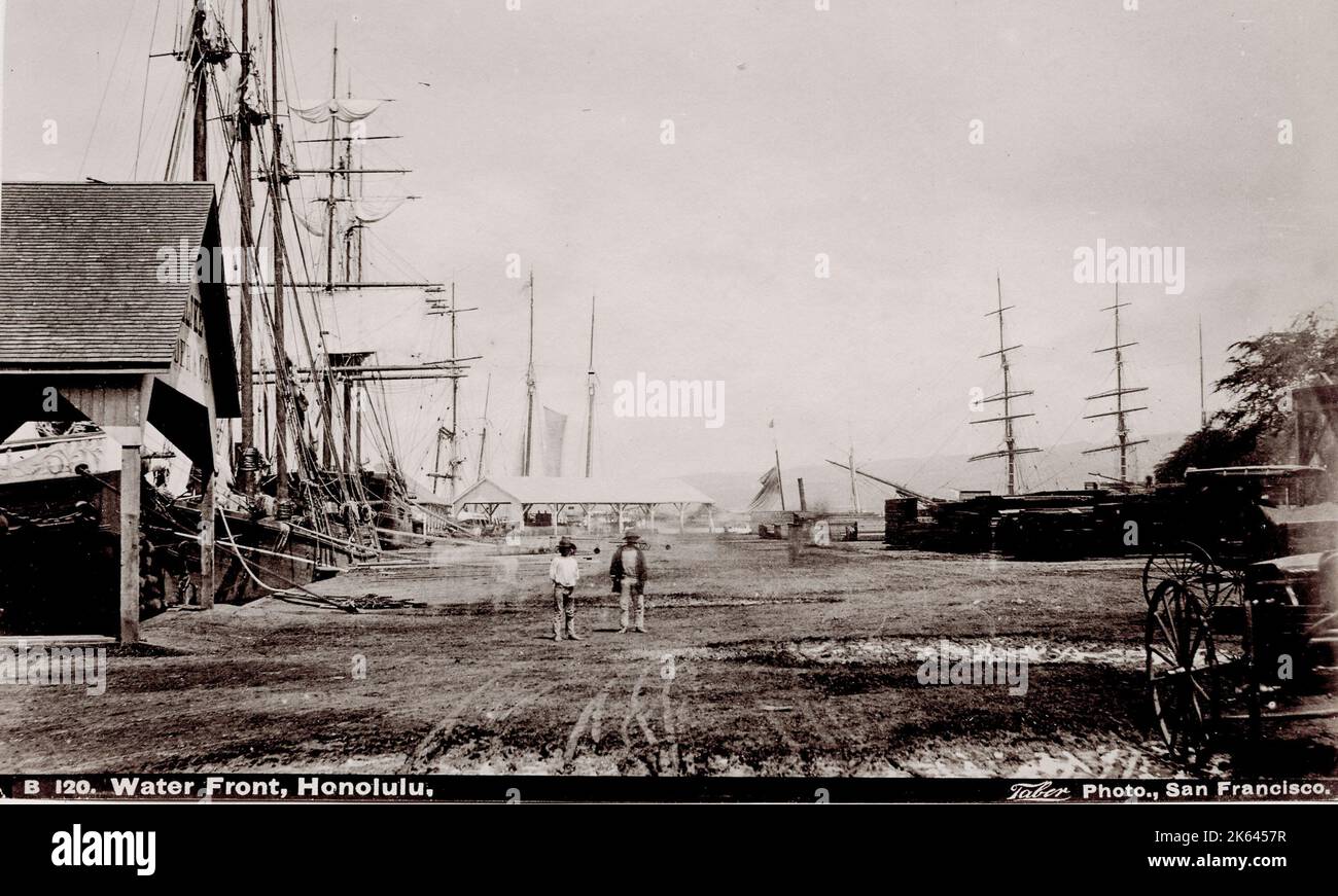 19th century vintage photograph: Waterfront, ships in the harbour ...