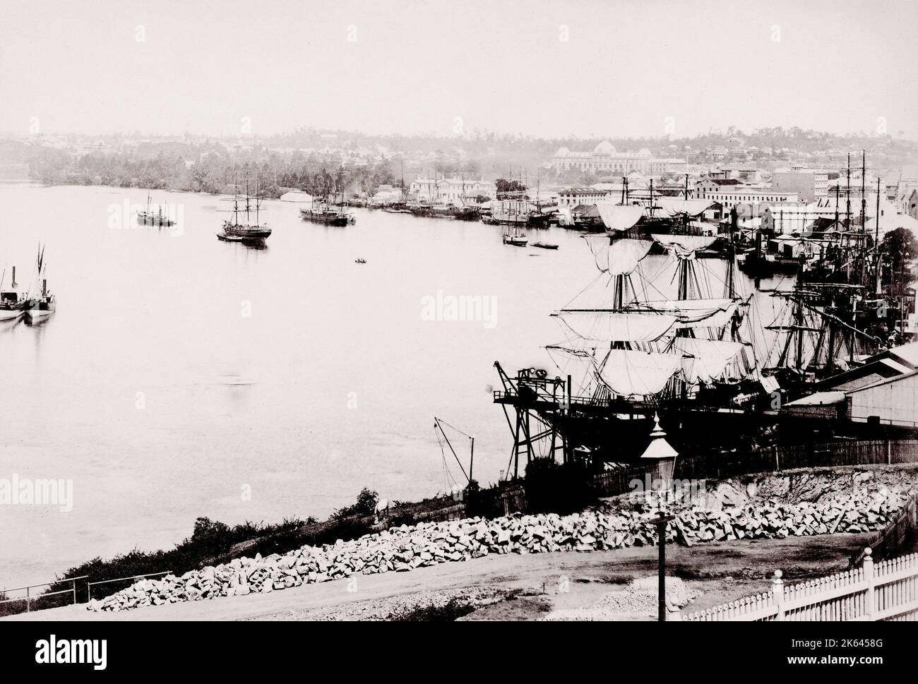 19th century vintage photograph: wharves, harbour, port at Brisbane ...