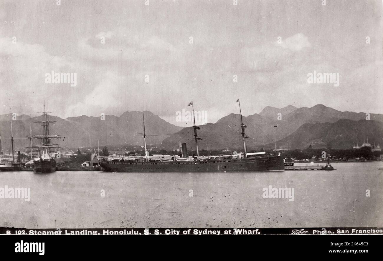 19th century vintage photograph: Steamer Landing, steam ship in port ...
