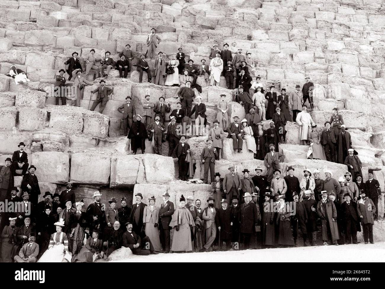 c.1900 Egypt Cairo - large group of tourists on the Great Pyramid at ...