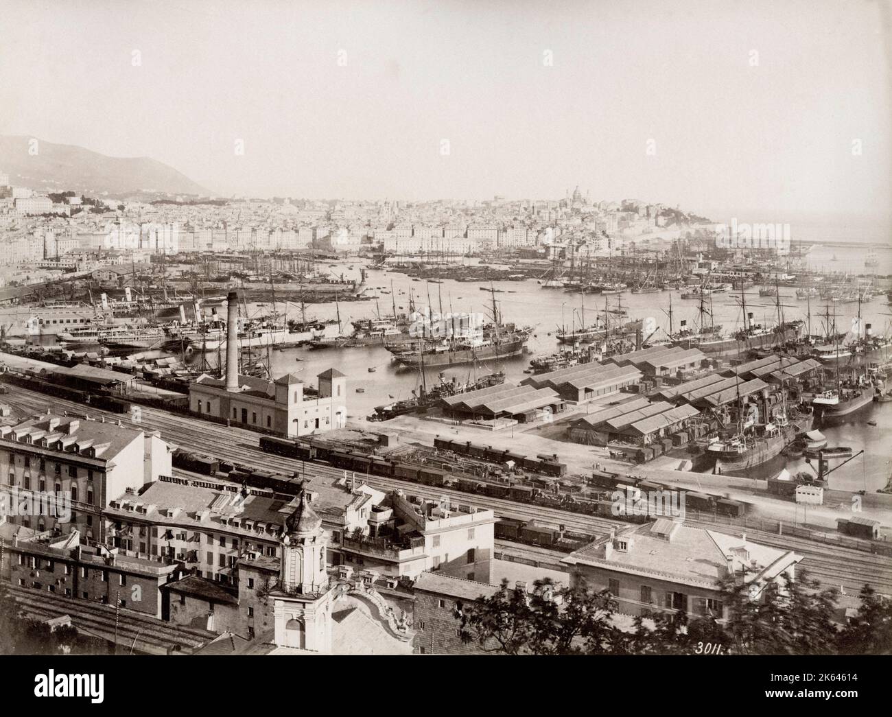 Vintage 19th century photograph - ships in the port, harbour, at Genoa ...