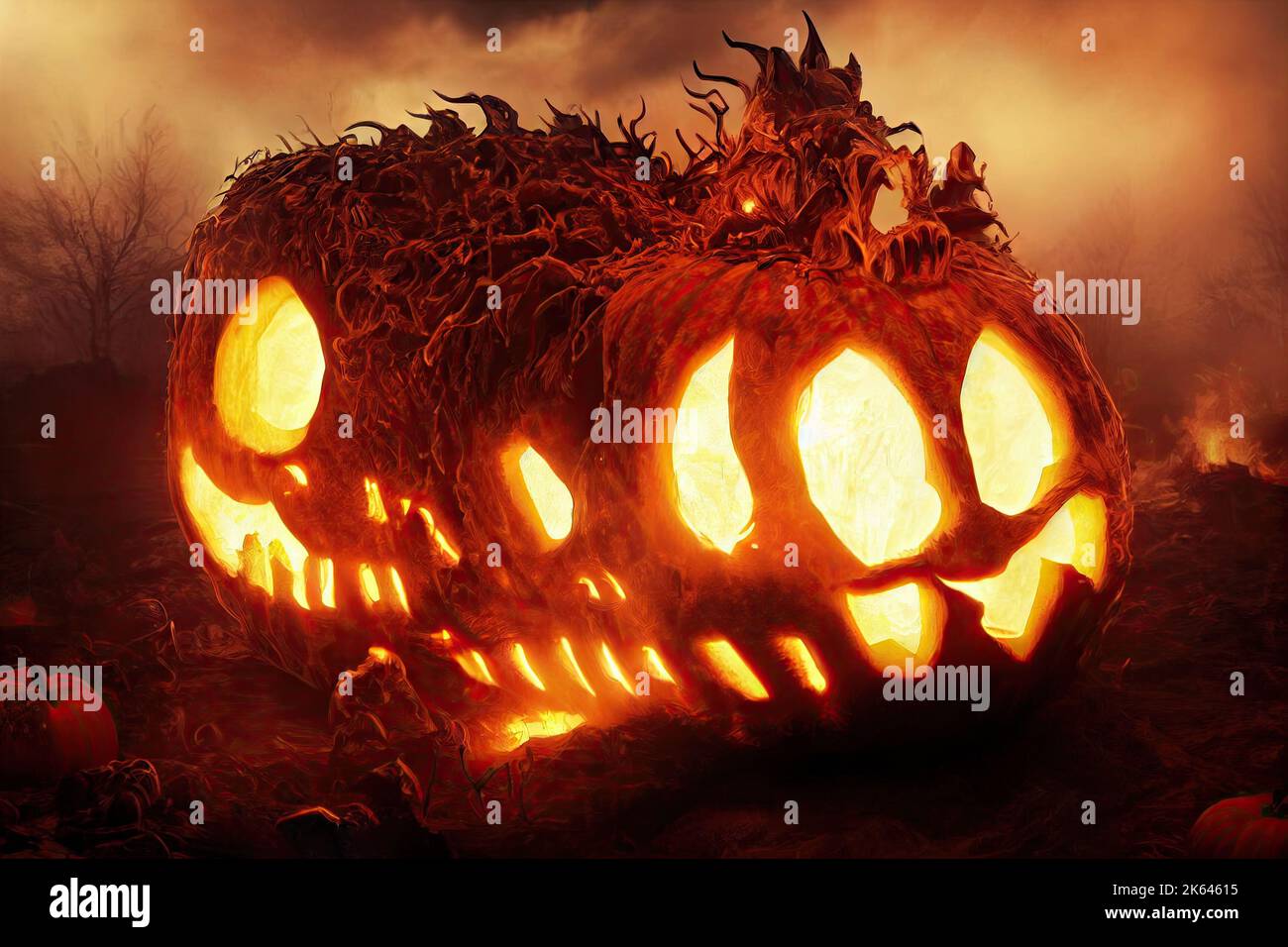 close-up of Halloween carved pumpkins with candles flickering and ...
