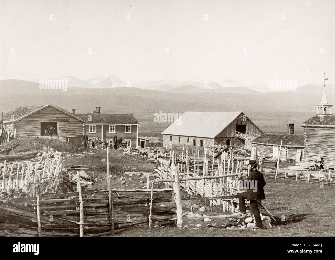 Vintage 19th century photograph - Farm and church, rural scene with ...