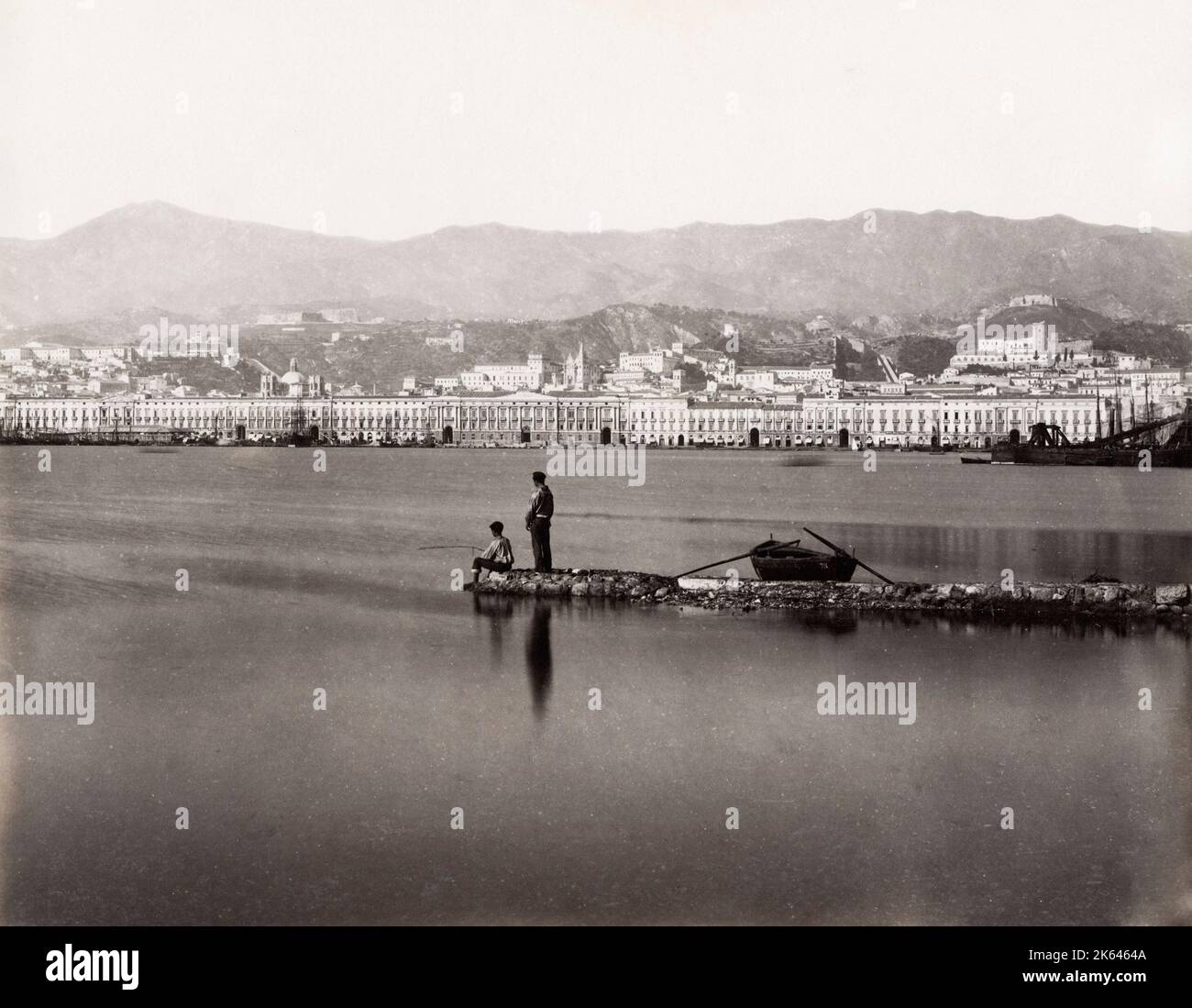 Vintage 19th century photograph - panoramic view of the port of Messina ...