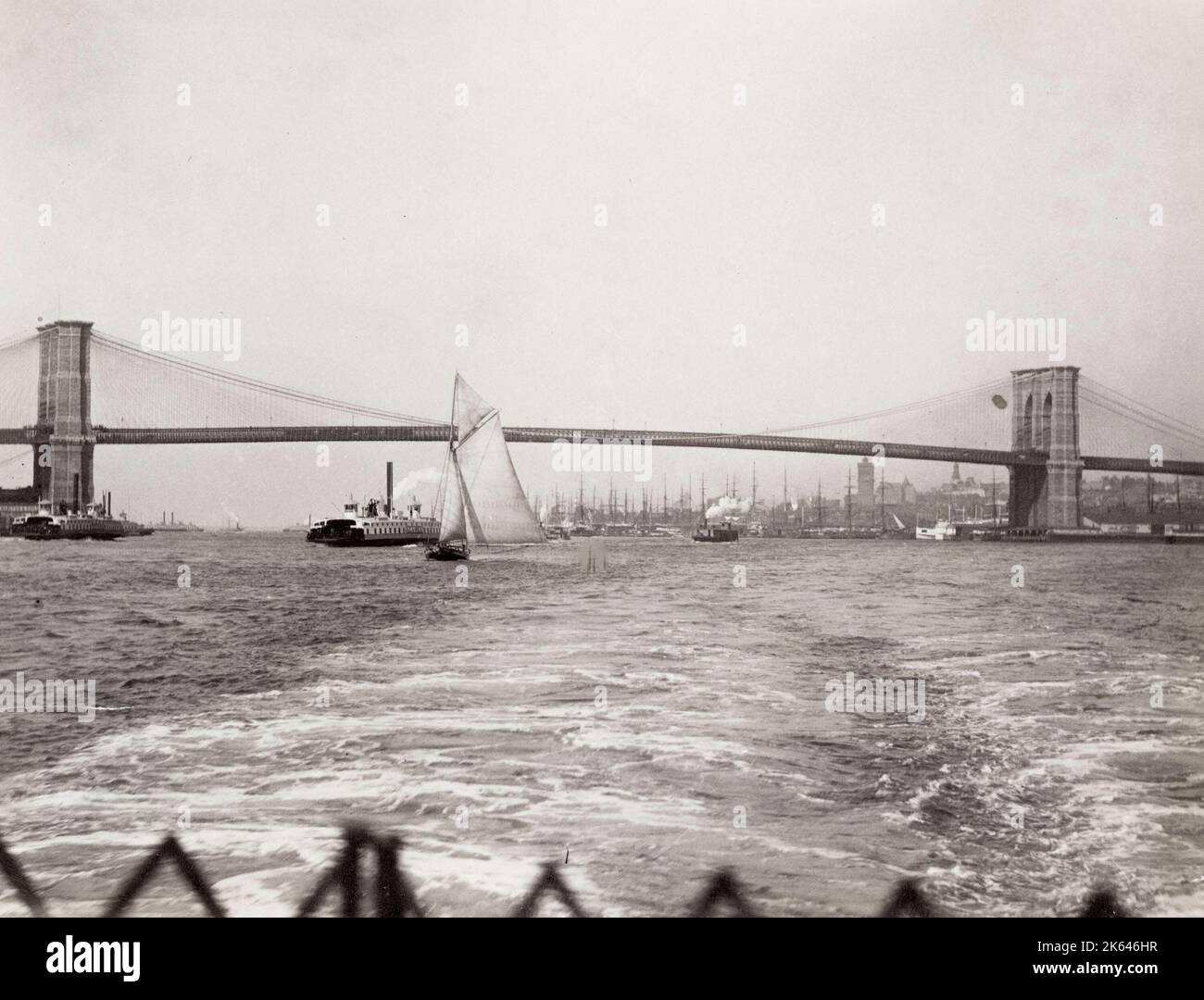 Vintage 19th century photograph: Brooklyn Bridge from the East River ...