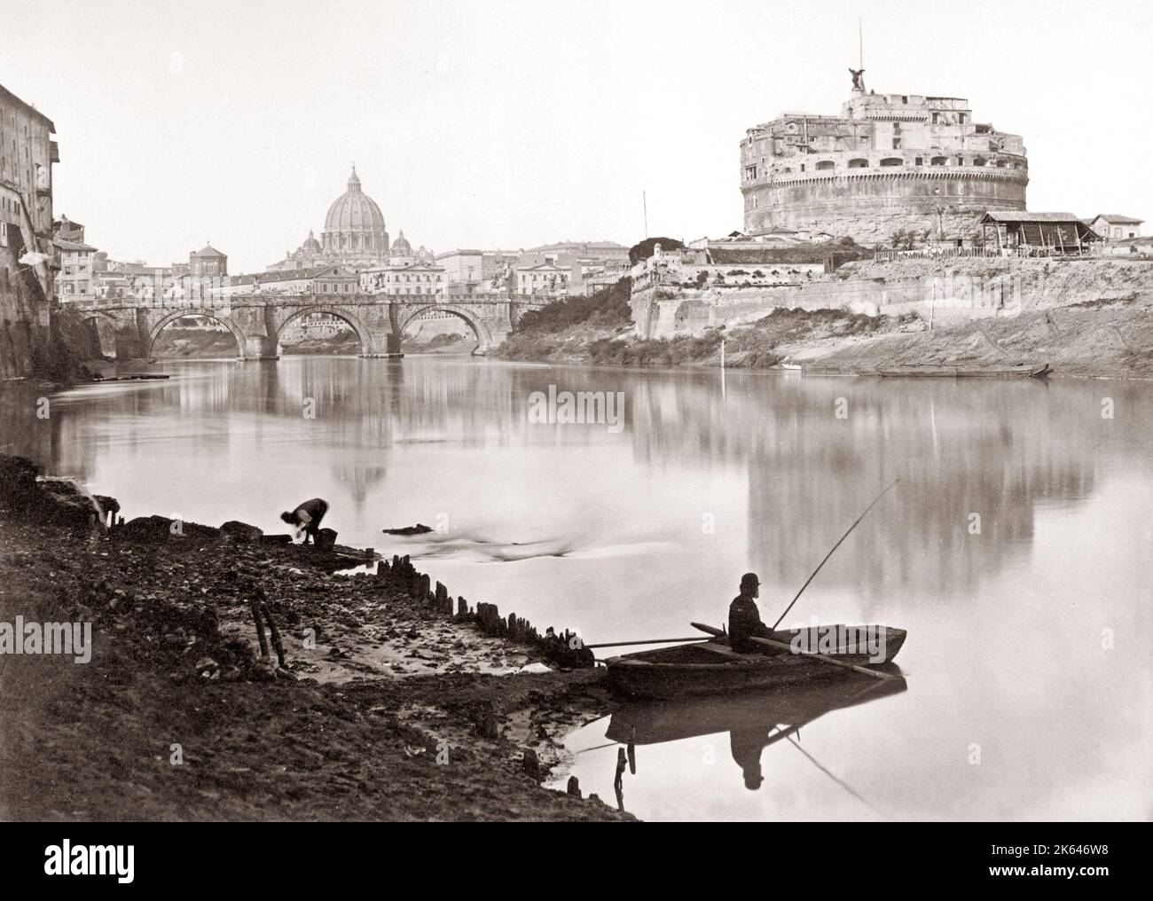 Fisherman on the River Tiber, Rome, with St Peter's and St Angelo's ...