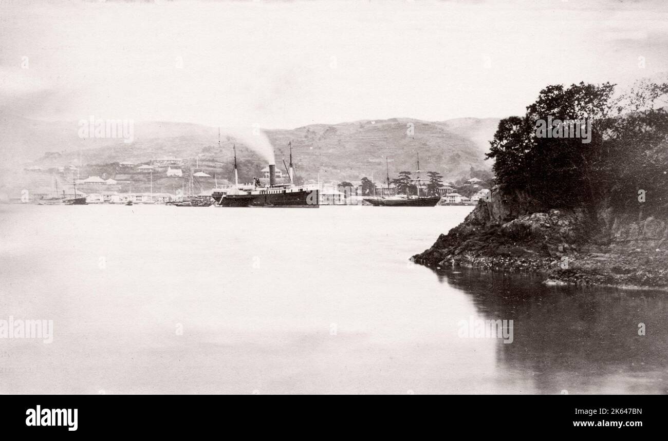 1870's Japan - view of Nagasaki harbour with a ship - from 'The Far ...