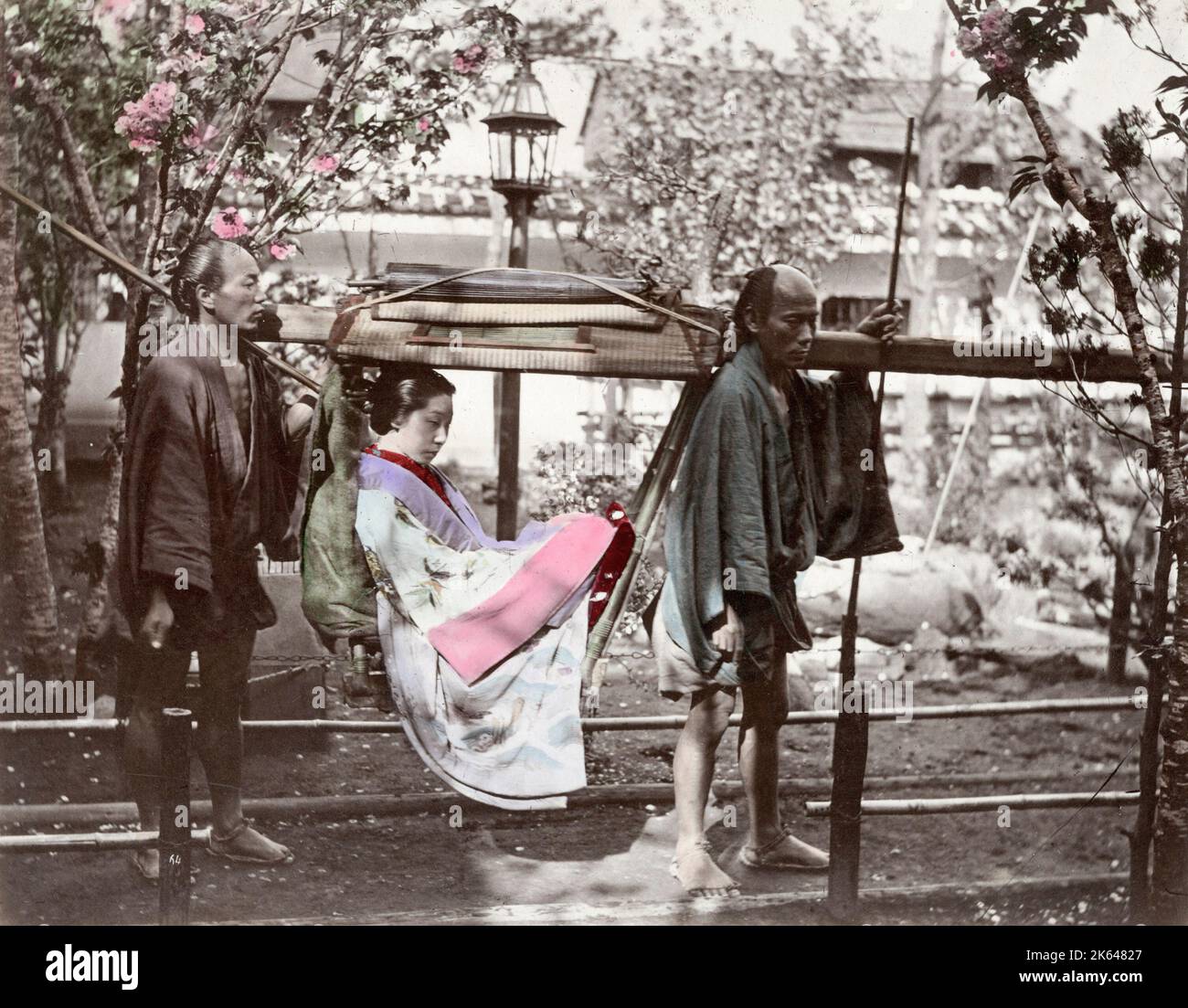 Vintage 19th century photograph - Japan - woman with porters in a kago ...
