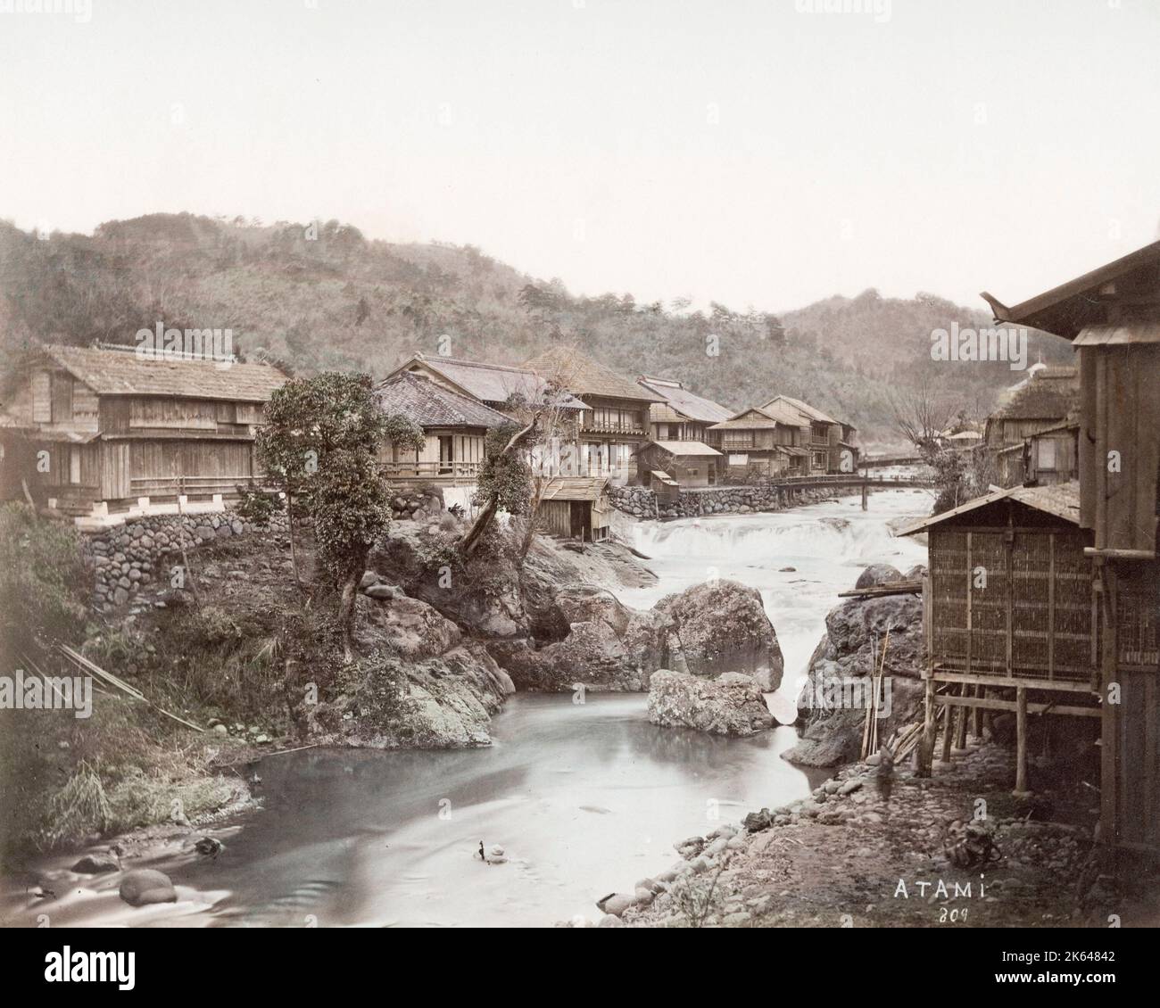 Vintage 19th century photograph - Japan - village of Atami, with river ...