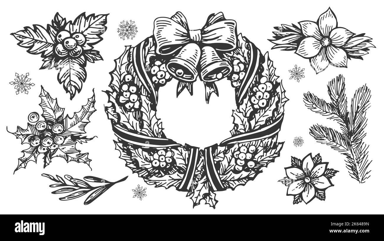 Christmas wreath with bells. Hand drawn set retro holiday floral ...