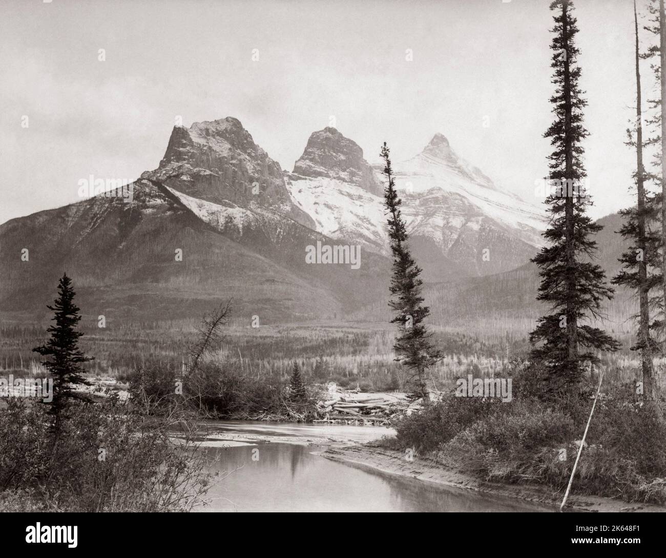 The Three Sisters mountains, Canmore, Alberta, Canada, c.1890 Stock ...