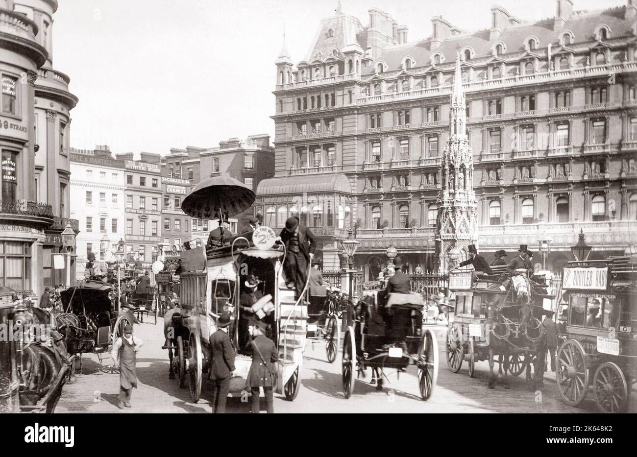 Horses, carriages, Charing Cross Hotel, London, c.1880's Stock Photo ...