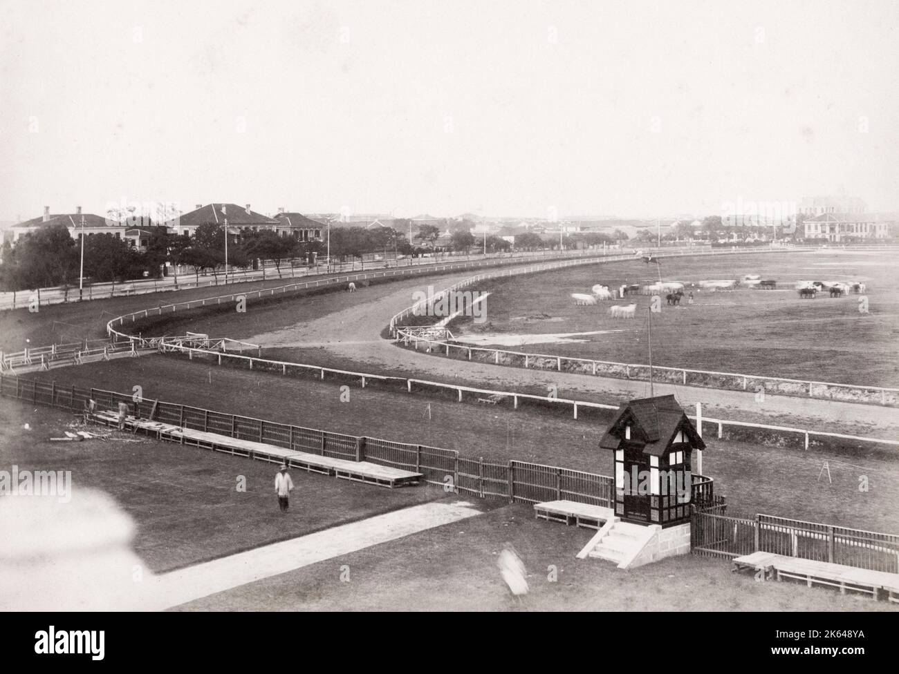 Vintage late 19th century photograph: View of racecourse, horse racing ...