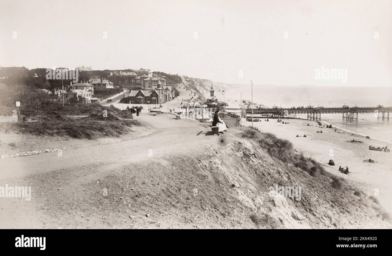 Vintage 19th century photograph: Bournemouth, beach and pier, looking ...