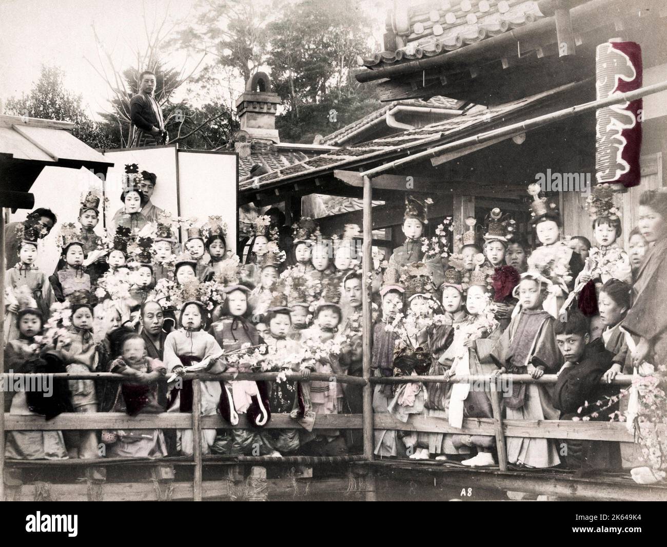 Late 19th century vintage photograph: Large group of Japanese children ...