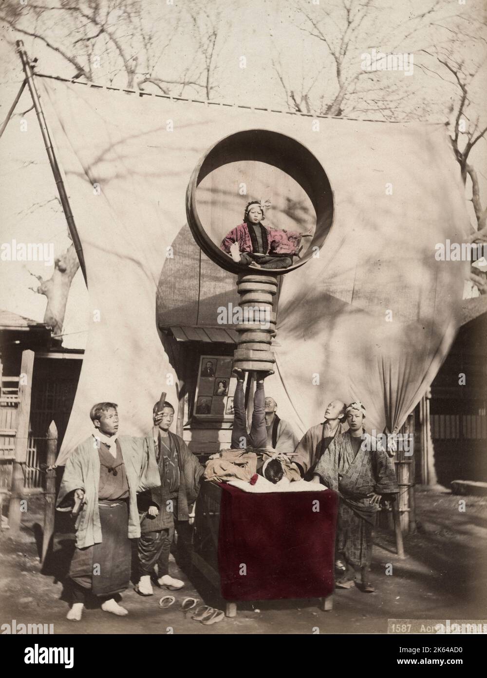 19th century vintage photograph - group Japanese acrobats, performers ...