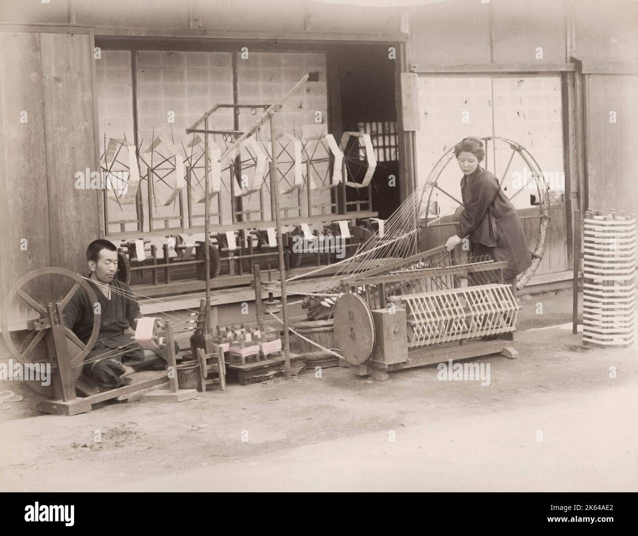 Vintage 19th century photograph: Japan - machinery, for spinning thread ...