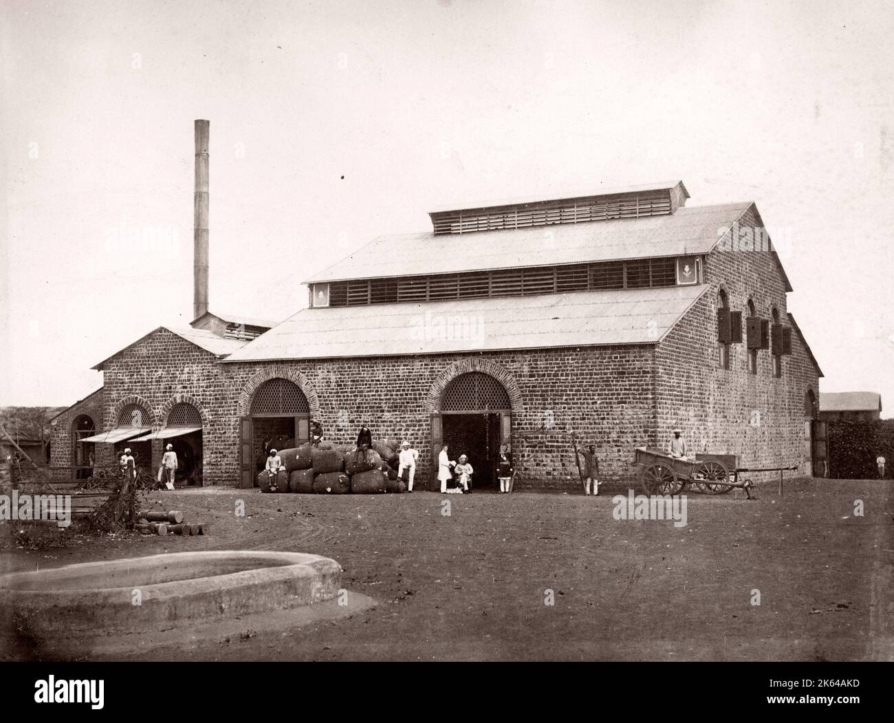 Late 19th century vintage photograph: Cotton factory, Khamgaon, India ...