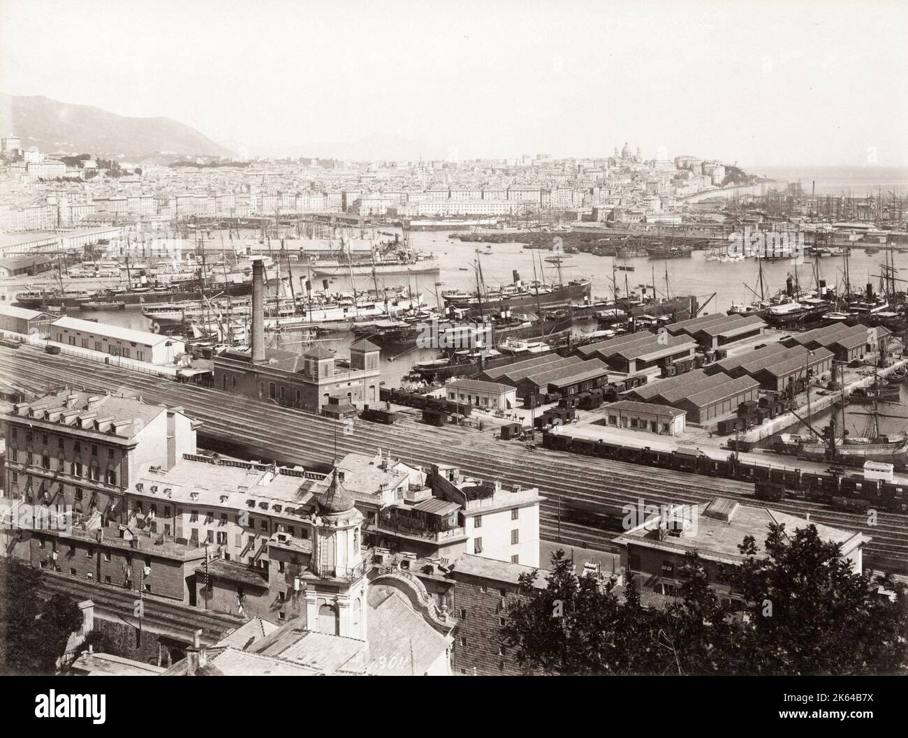 Vintage 19th century photograph: view of the port at Genoa, Genova ...