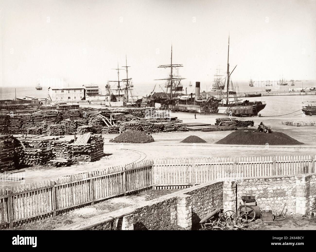 Vintage 19th century photograph: ships and cargo alongside the docks at ...