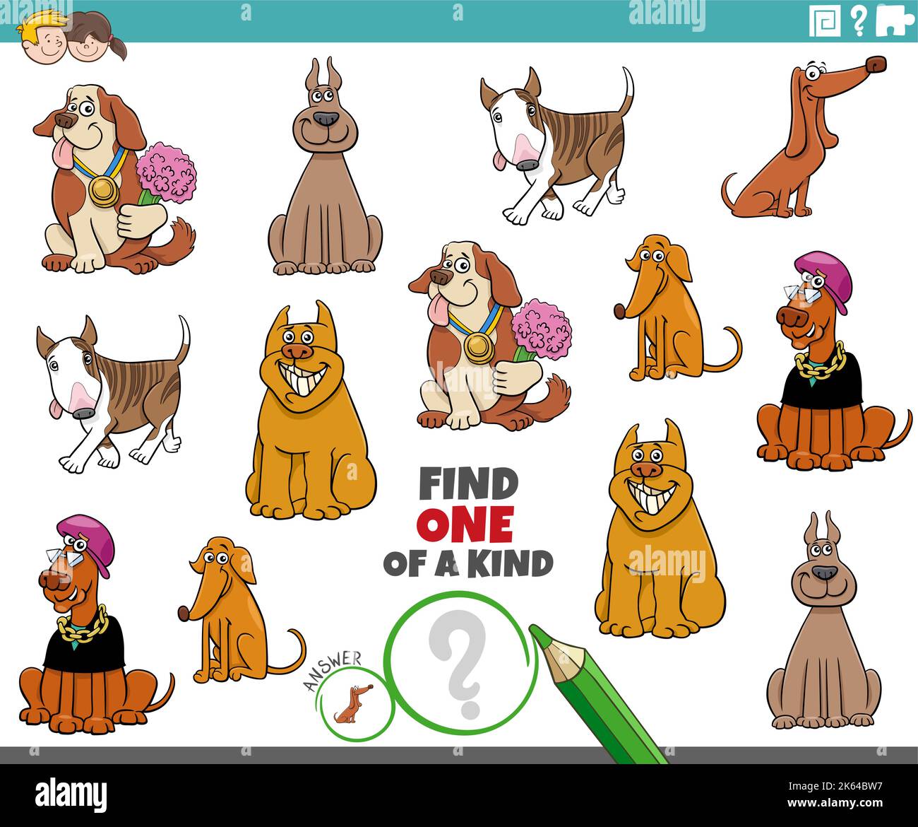 Cartoon illustration of find one of a kind picture educational game ...