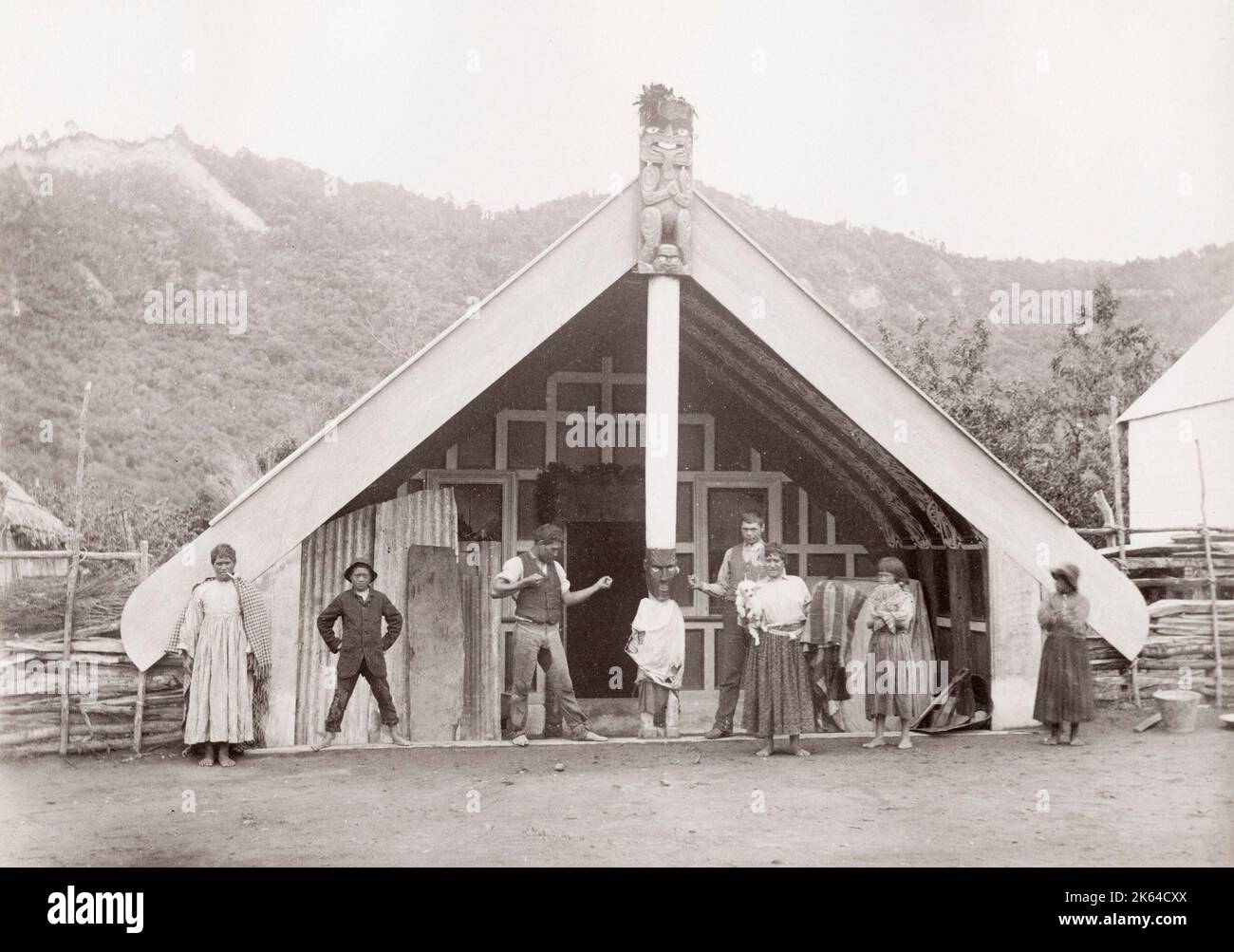 19th century vintage photograph: wharepuni, Maori home, Atene ...